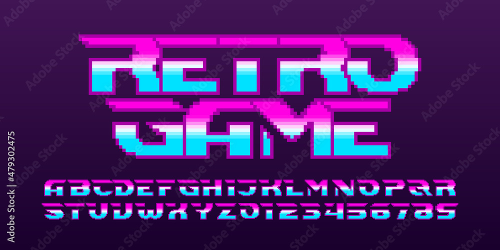 Retro Game alphabet font. Pixel letters and numbers. 80s arcade video ...