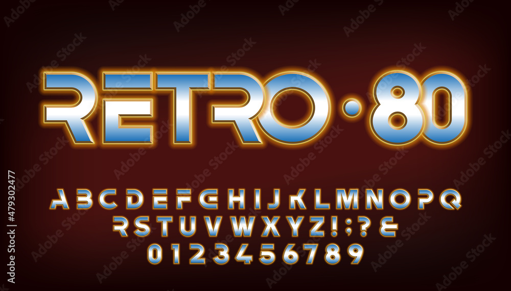 Retro-80 alphabet font. Neon glowing letters and numbers. Stock vector ...