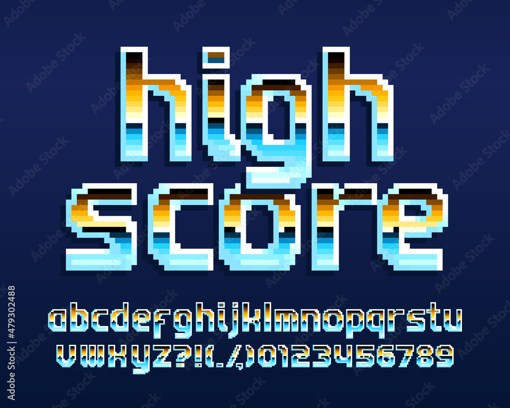 High Score alphabet font. Pixel letters and numbers. 80s arcade video ...