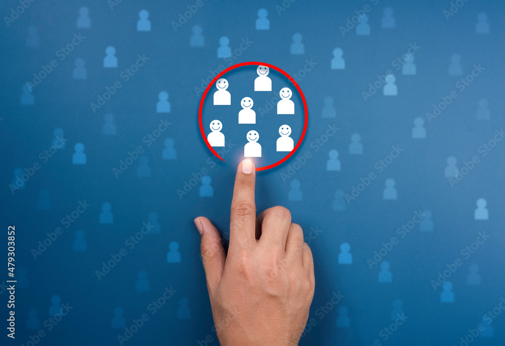 Target audience concept. Chosen group, people, white human icons in red ...