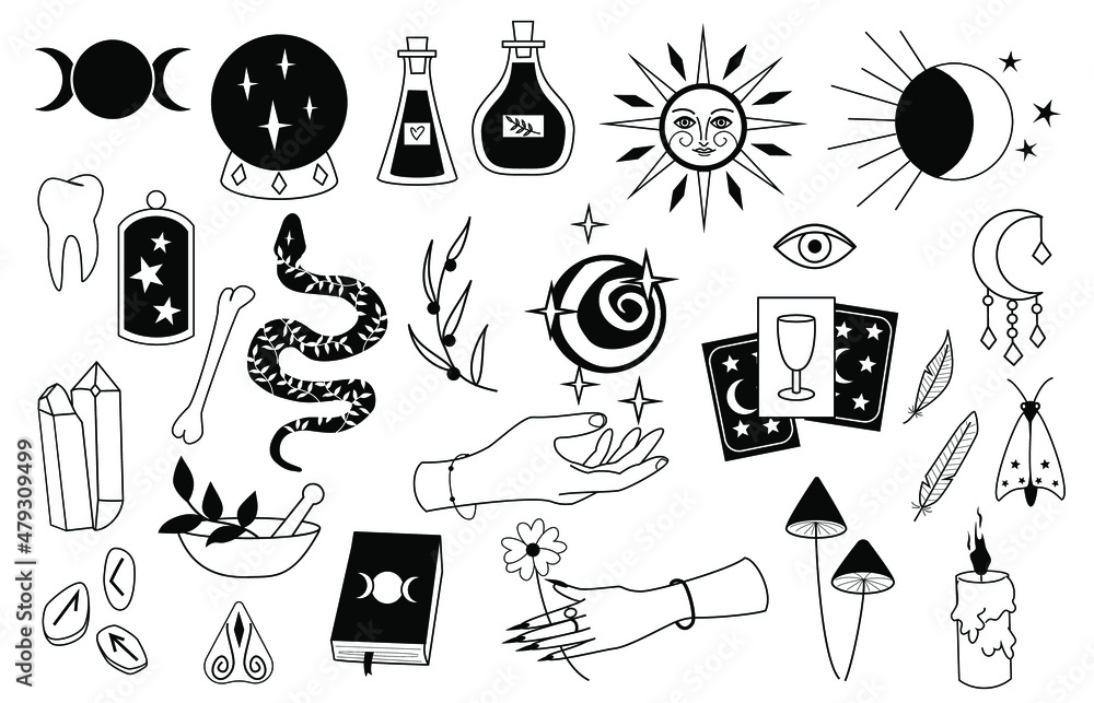 Black and white set of esoteric elements. Divination, tarot, runes ...