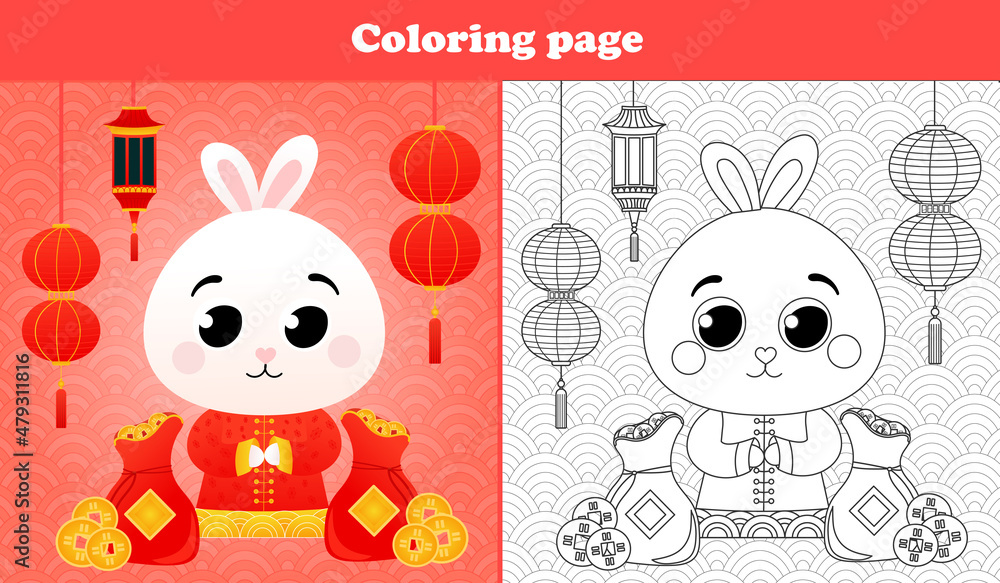 Printable coloring page for kids with cute rabbit in chinese ...