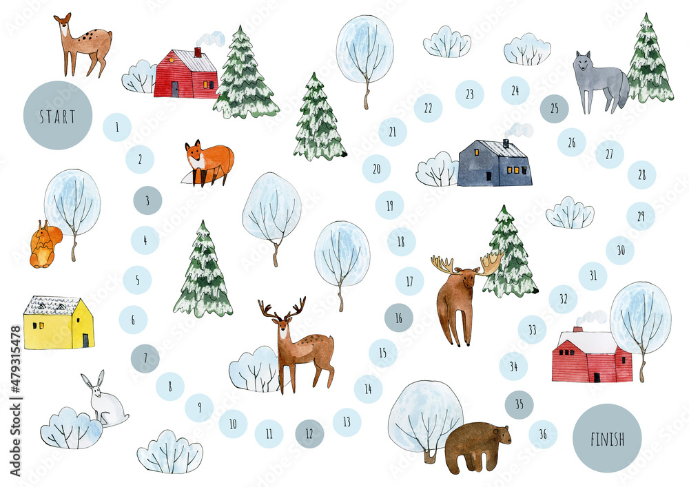 kids game with woodland animal clipart, watercolor winter wonderland ...
