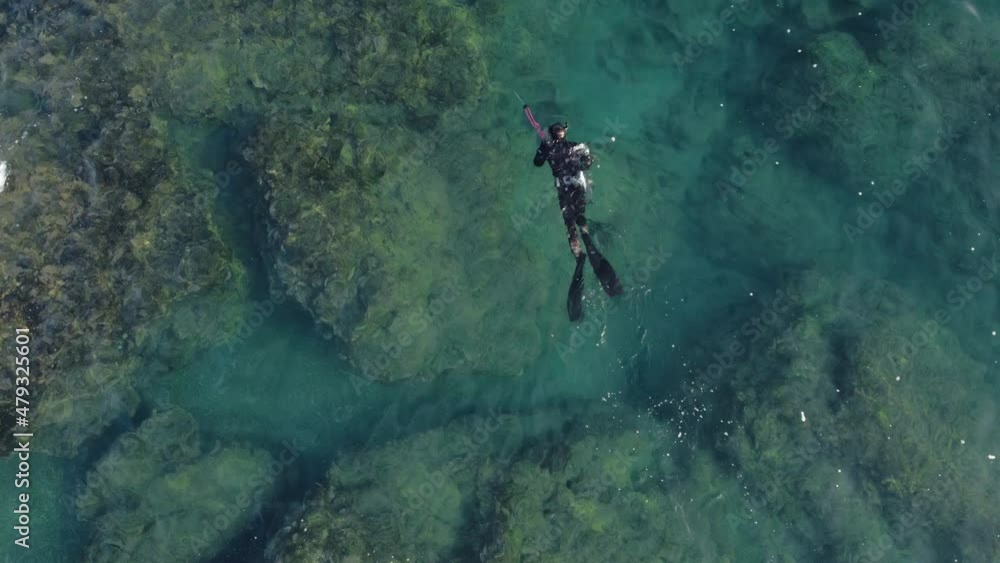Bird Eye View Shoot of Snorkeling Human in Swimsuit above Coral Reef ...