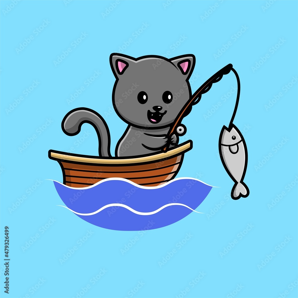 Cute Cat Fishing In The Sea On Boat Vector Icon Illustration ...