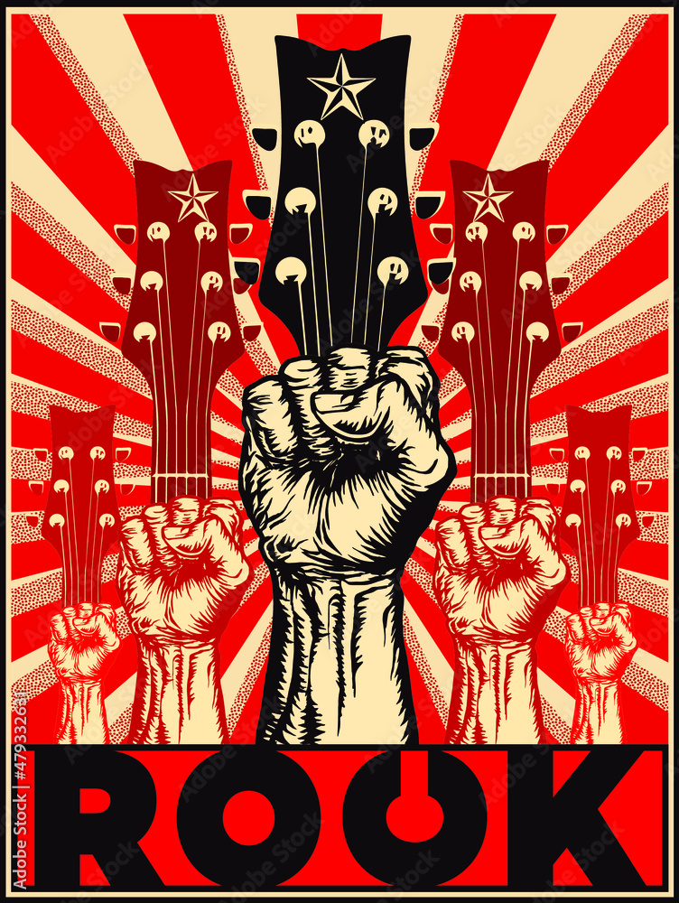 ROCK. Poster vector illustration of strong raised right fists with ...