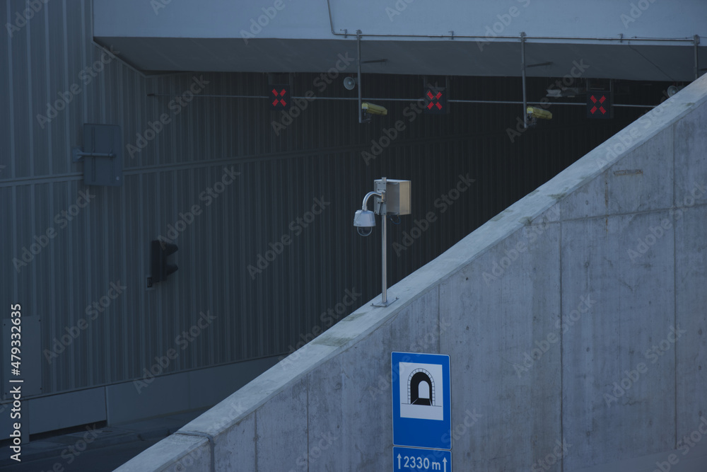 CCTV camera at the entrance to the road tunnel. Measuring speed and ...
