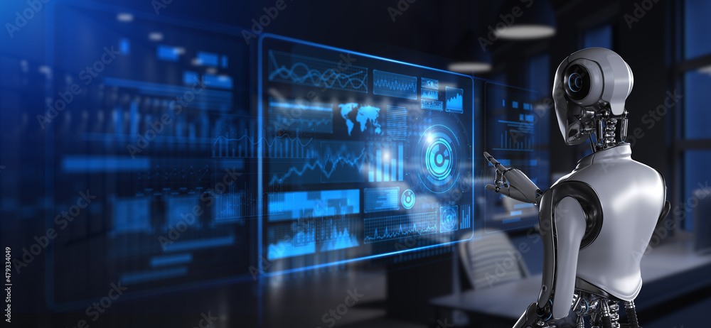 Cyborg Robot 3d render. Robotic process automation RPA data analysis ...