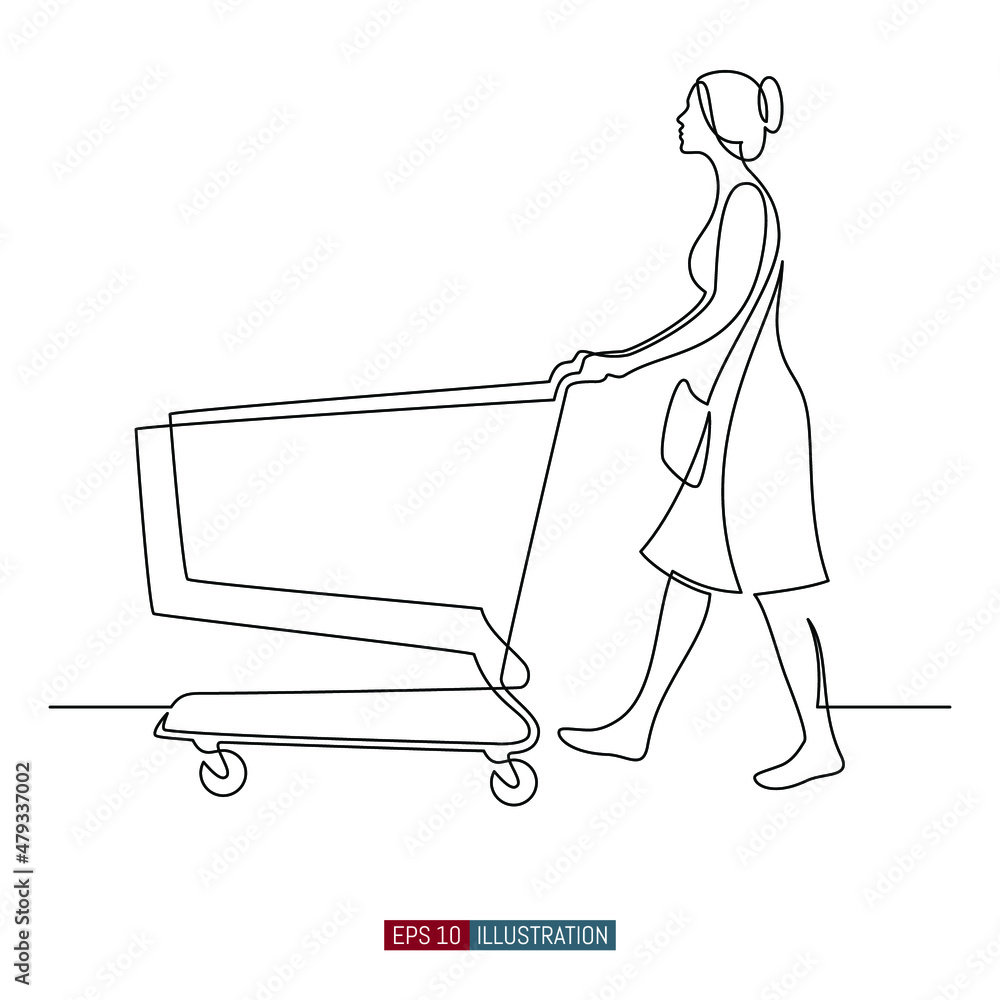 Continuous line drawing of Woman pushes a shopping cart. Girl in the ...