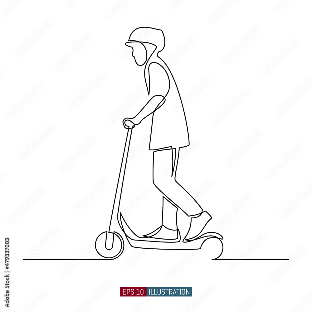 Continuous line drawing of A girl or a boy rides an electric scooter ...