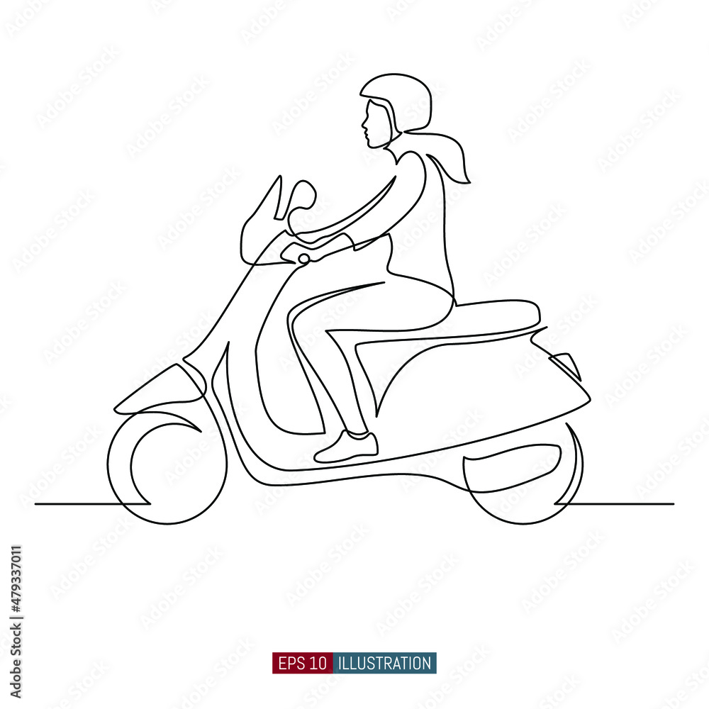 Continuous line drawing of The girl rides a motor scooter. Template for ...