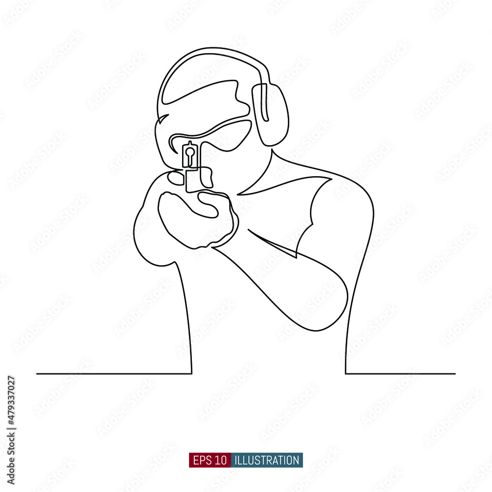 Continuous line drawing of Man with a gun in shooting range. Template ...