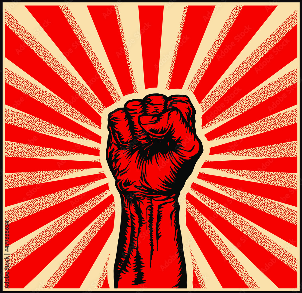 Vector illustration of strong raised fist in a ray red background in ...