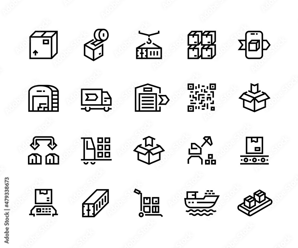 Warehouse line icons. Outline containers and package shipping storing ...