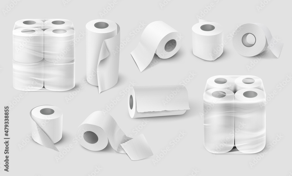 Realistic paper towel. White toilet paper roll and kitchen paper napkin ...
