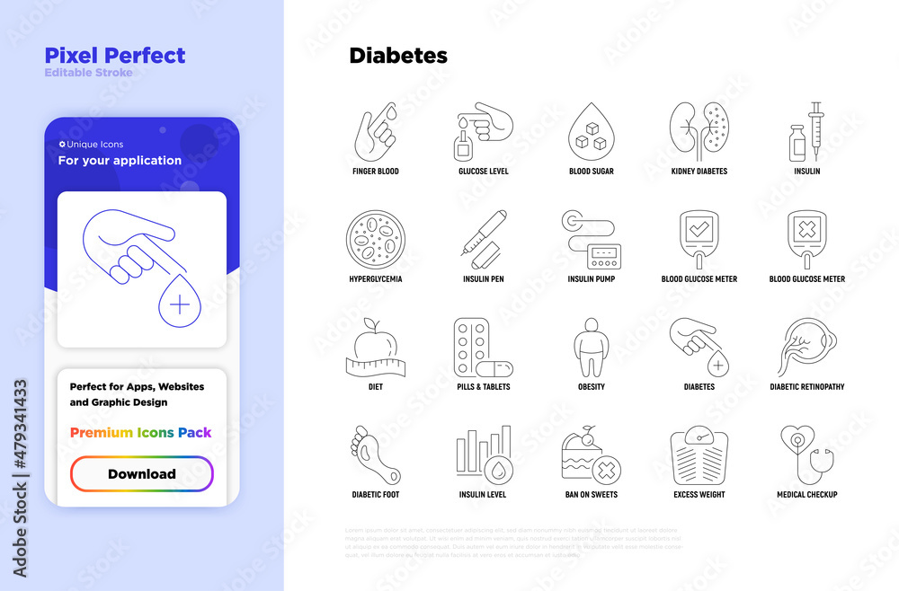 Vetor de Diabetes thin line icons set: blood test, glucometer, glucose ...