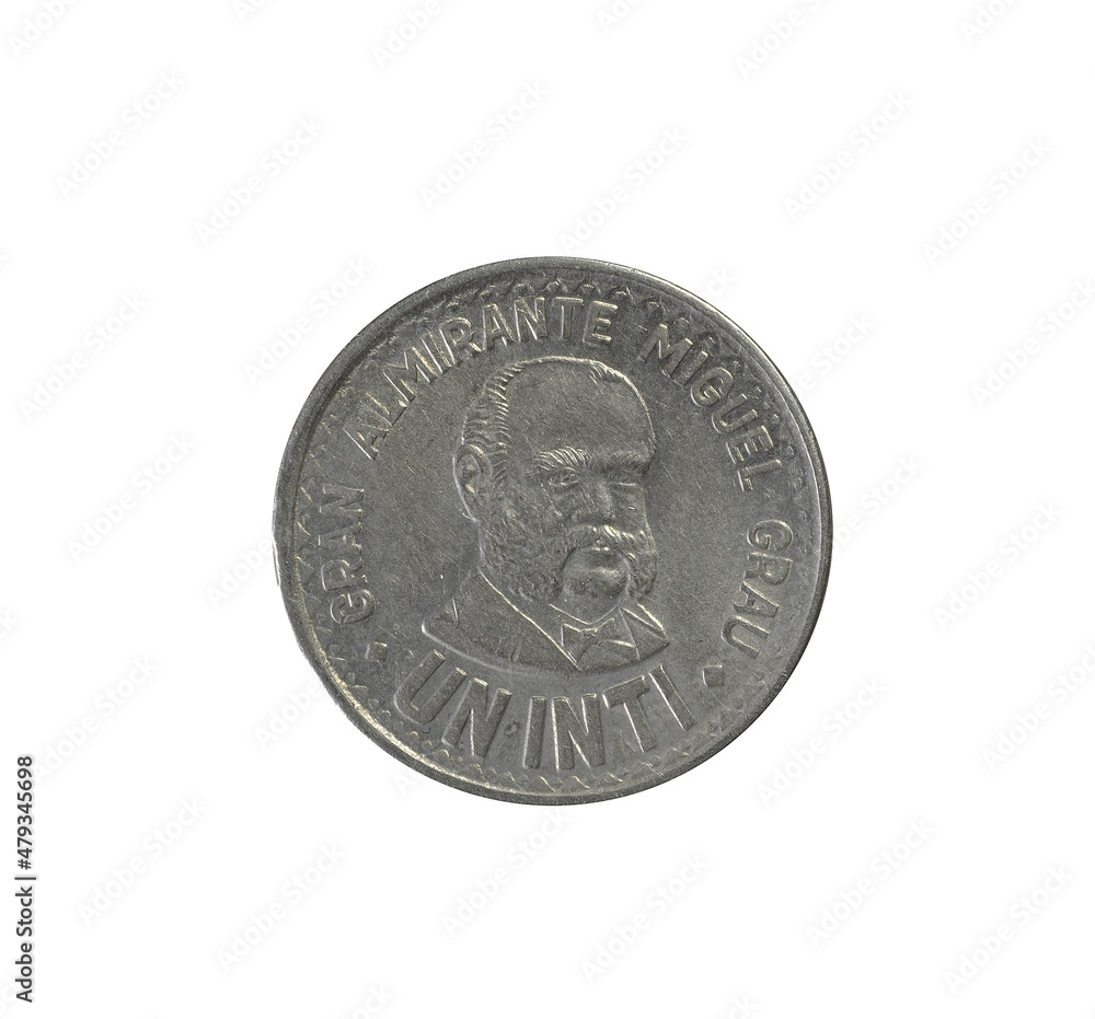 Front of 1 Inti coin made by Peru that shows Bust naval officer Miguel ...