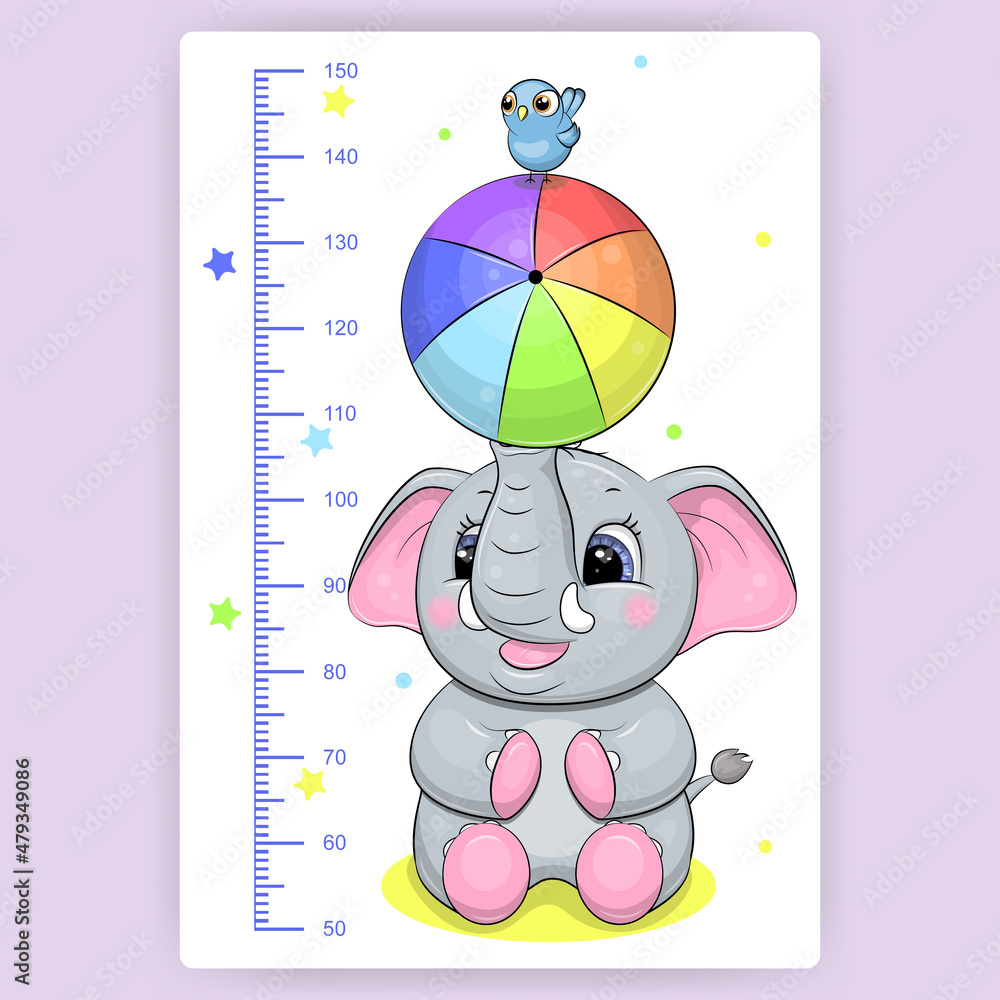 Cute cartoon height chart with elephant holding ball and bird on white ...
