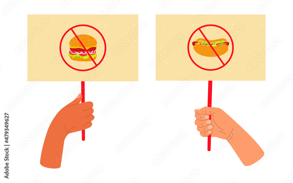 Flat vector cartoon illustration of hands holding posters with crossed ...