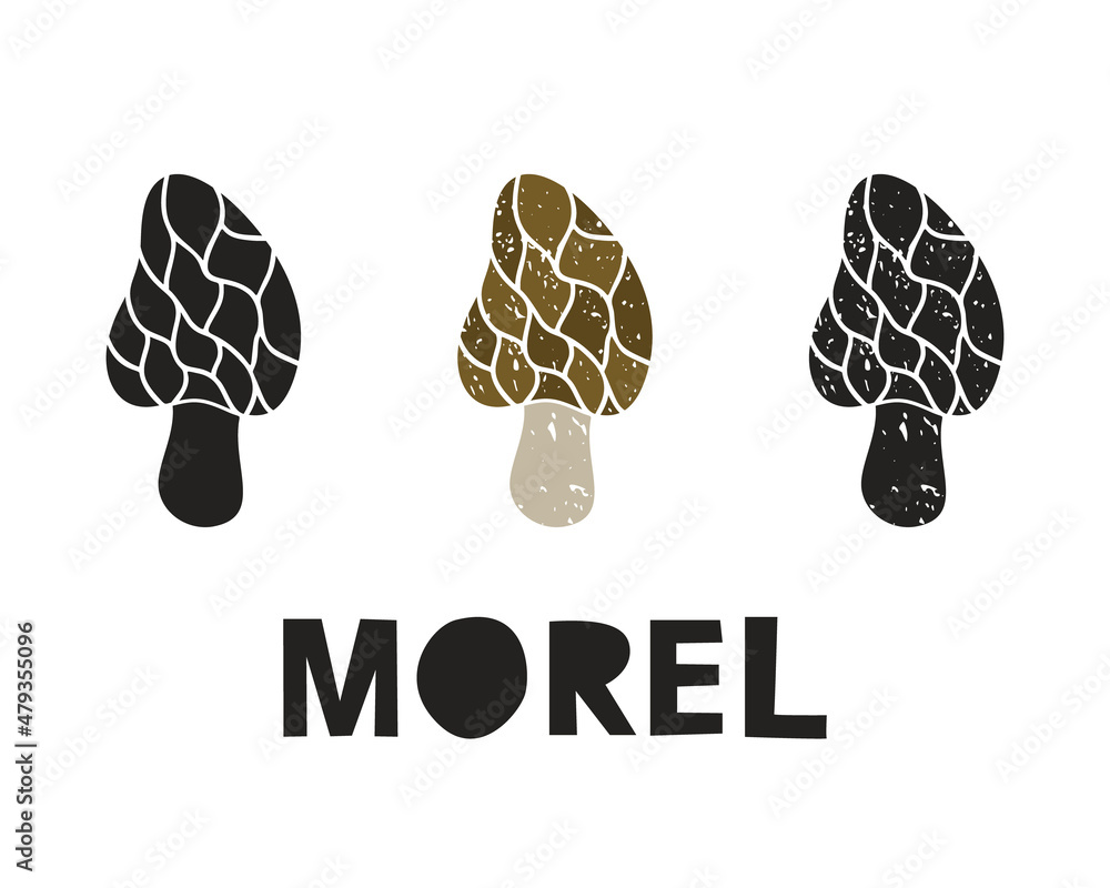 Morel mushroom, silhouette icons set with lettering. Imitation of stamp ...