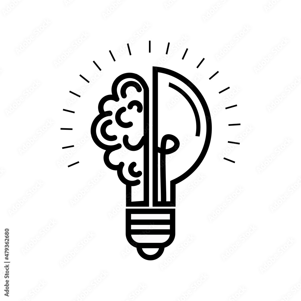 Logo with a half of light bulb and brain isolated on white background ...