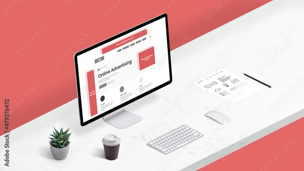 Online advertising concept with default banner sizes and positions on ...