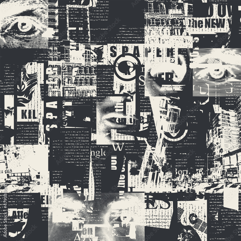 Abstract seamless pattern with chaotic layering of newspaper and ...