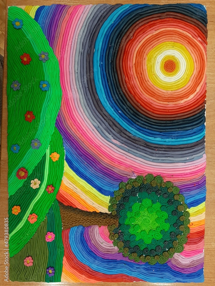 Plasticine painting of flagella. The sun and the mounds of plasticine ...