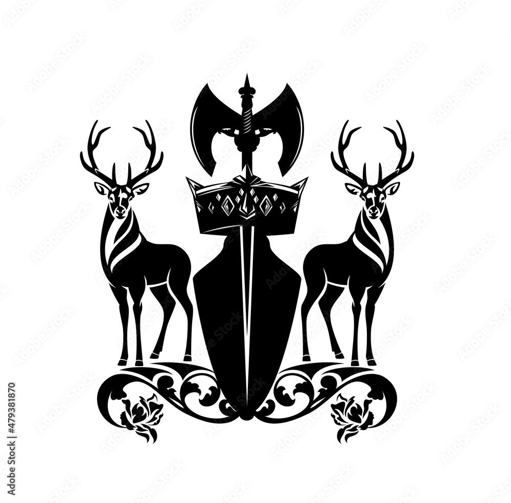 standing deer stags with heraldic shield, scandinavian battle axe, rose ...
