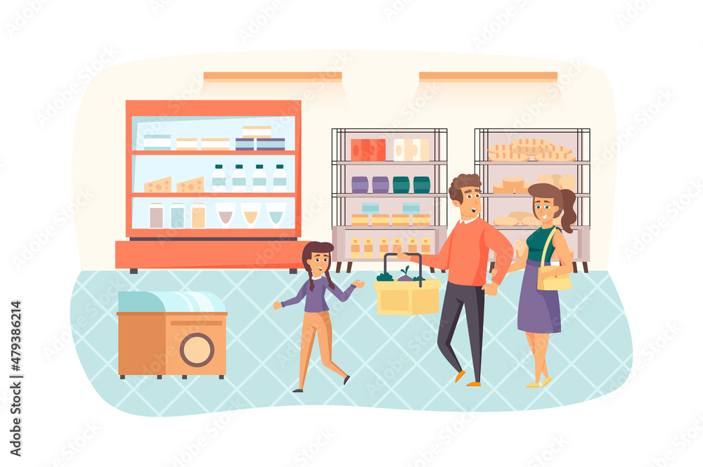 Family shopping at supermarket scene. Father, mother and daughter ...