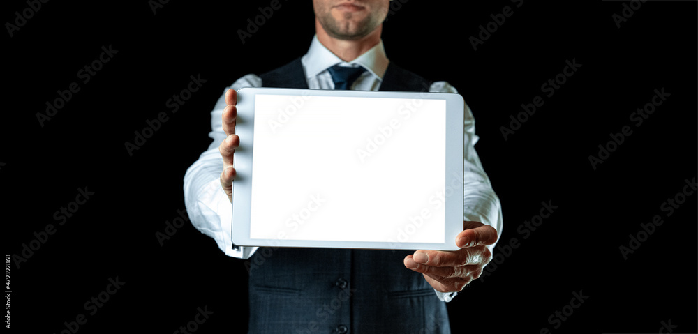 Mockup device. Businessman holding mobile tablet blank screen. Smart ...