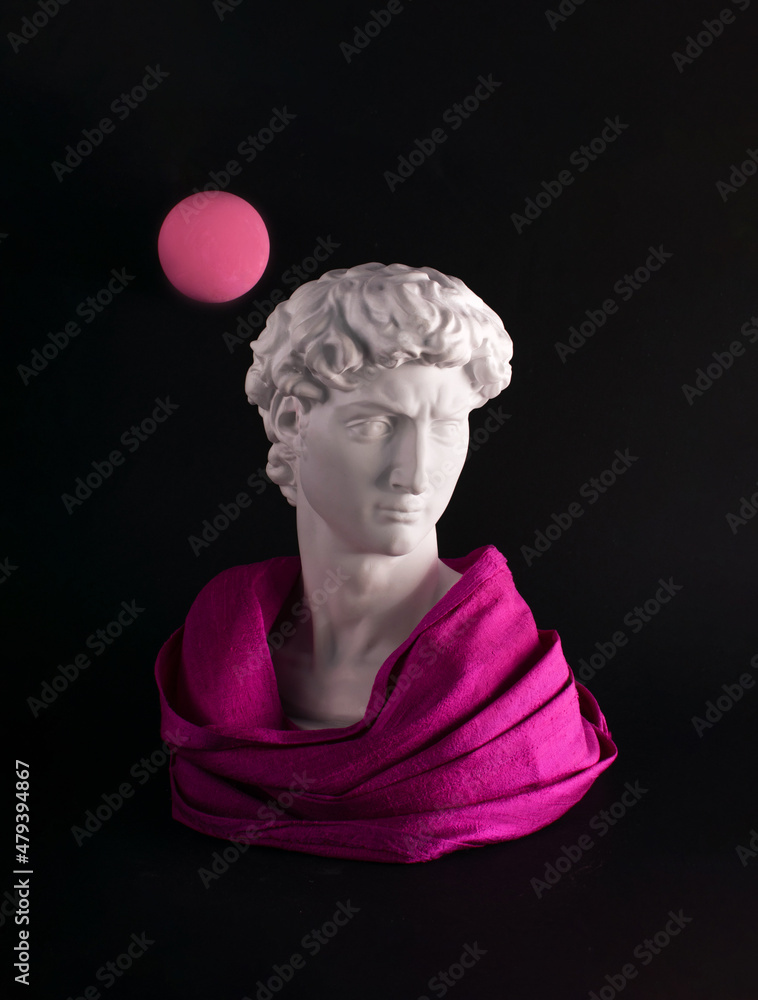 Plaster male head, draped silk garment wrapped around the neck ...