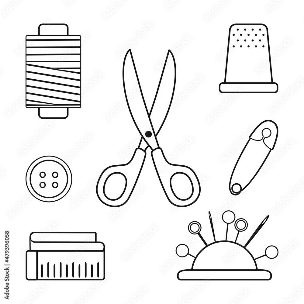 Set of sewing tools isolated on white background. Linear cartoon style ...