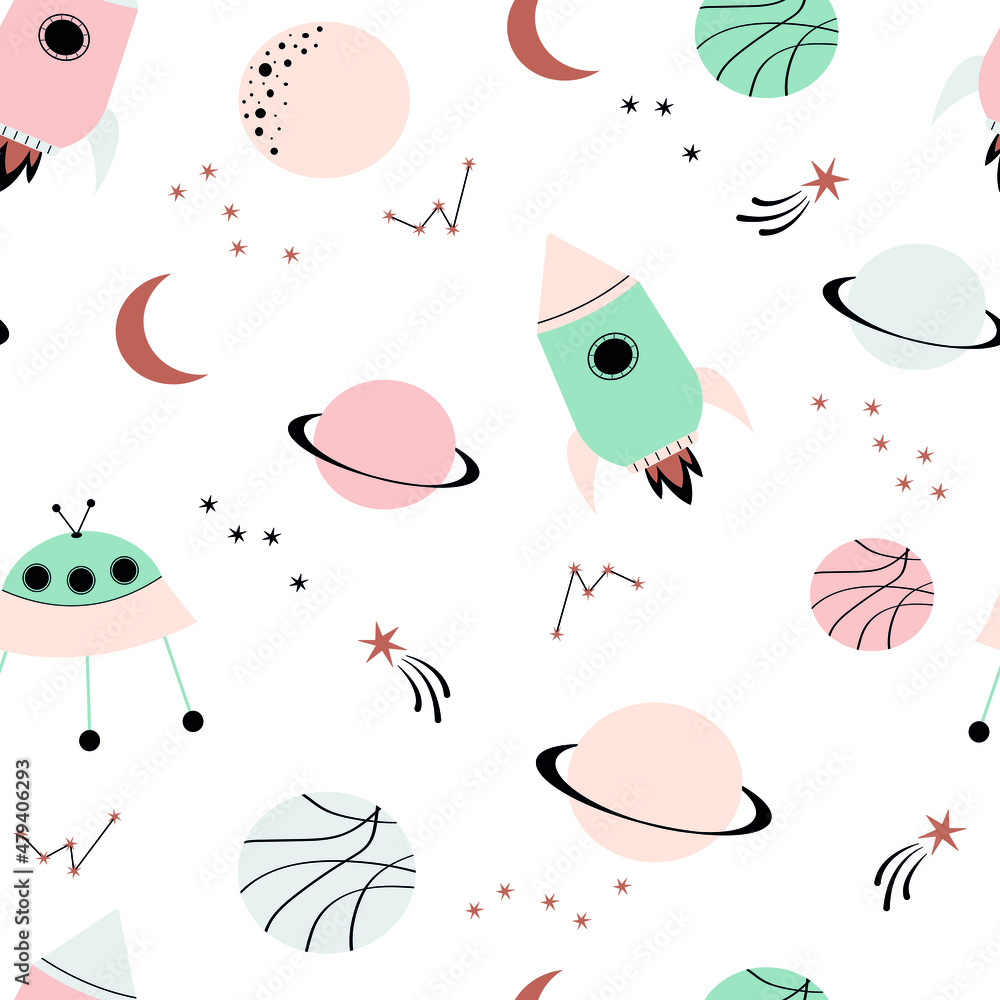 Cartoon outer space seamless pattern. Space with rockets, planets ...