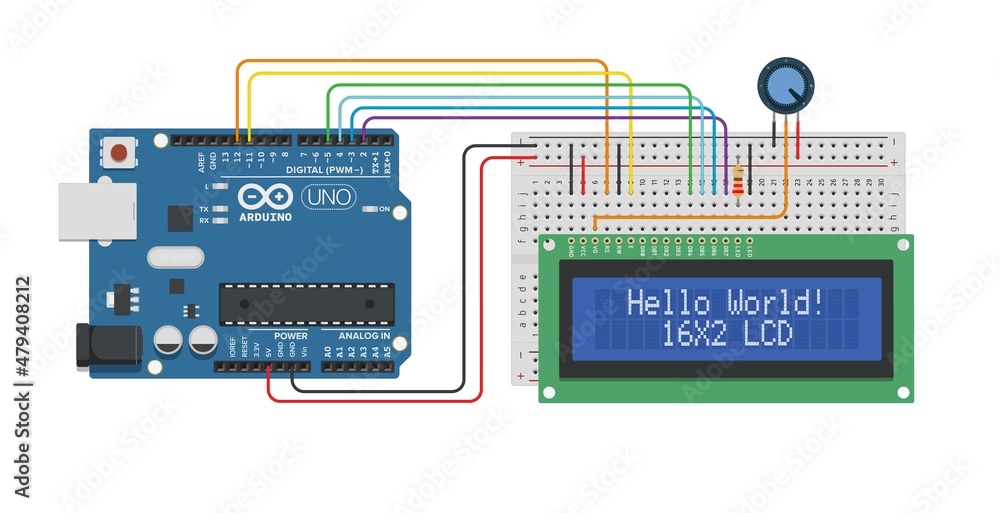 Arduino 16x2 character LCD screen circuit. Hello World. Stock Photo ...