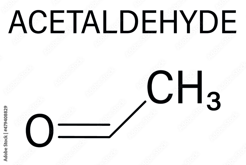 Acetaldehyde or ethanal molecule, chemical structure. Acetaldehyde is a ...