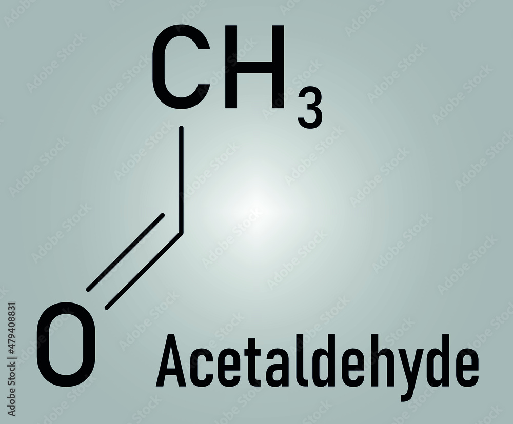 Acetaldehyde or ethanal molecule, chemical structure. Acetaldehyde is a ...