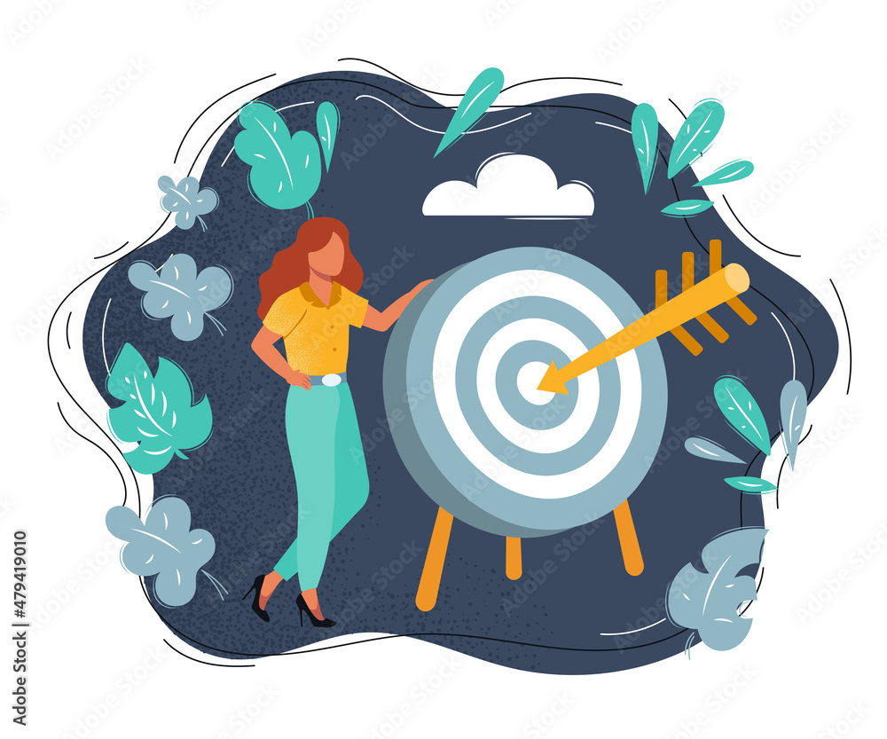 Cartoon vector illustration of woman hit a target with arrow. Winner or ...