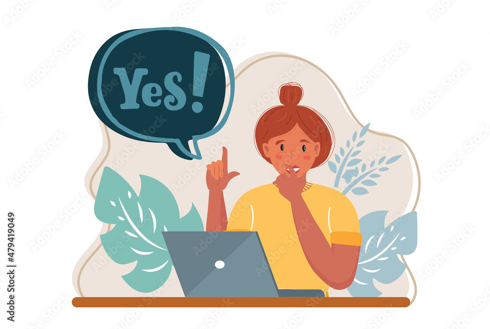 Cartoon vector illustration of a woman with yes word on dark background ...