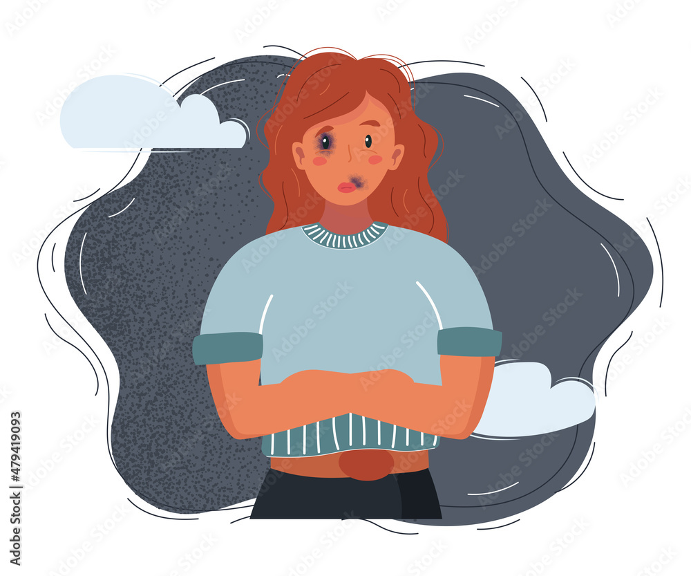 Cartoon vector illustration of young beautiful woman with bruises and ...