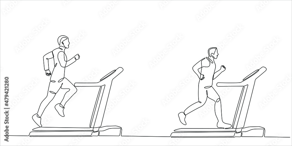 Continuous line drawing of a young man running on a treadmill vector ...