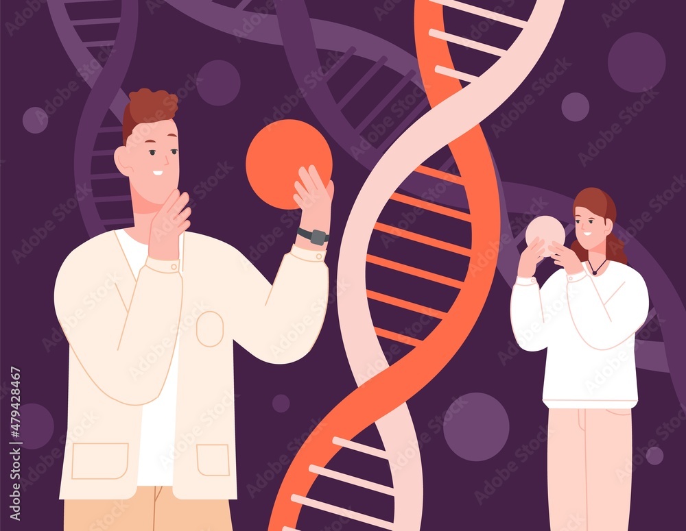 Ancestry genetics. Cartoon people holding molecule dna, genetic science ...