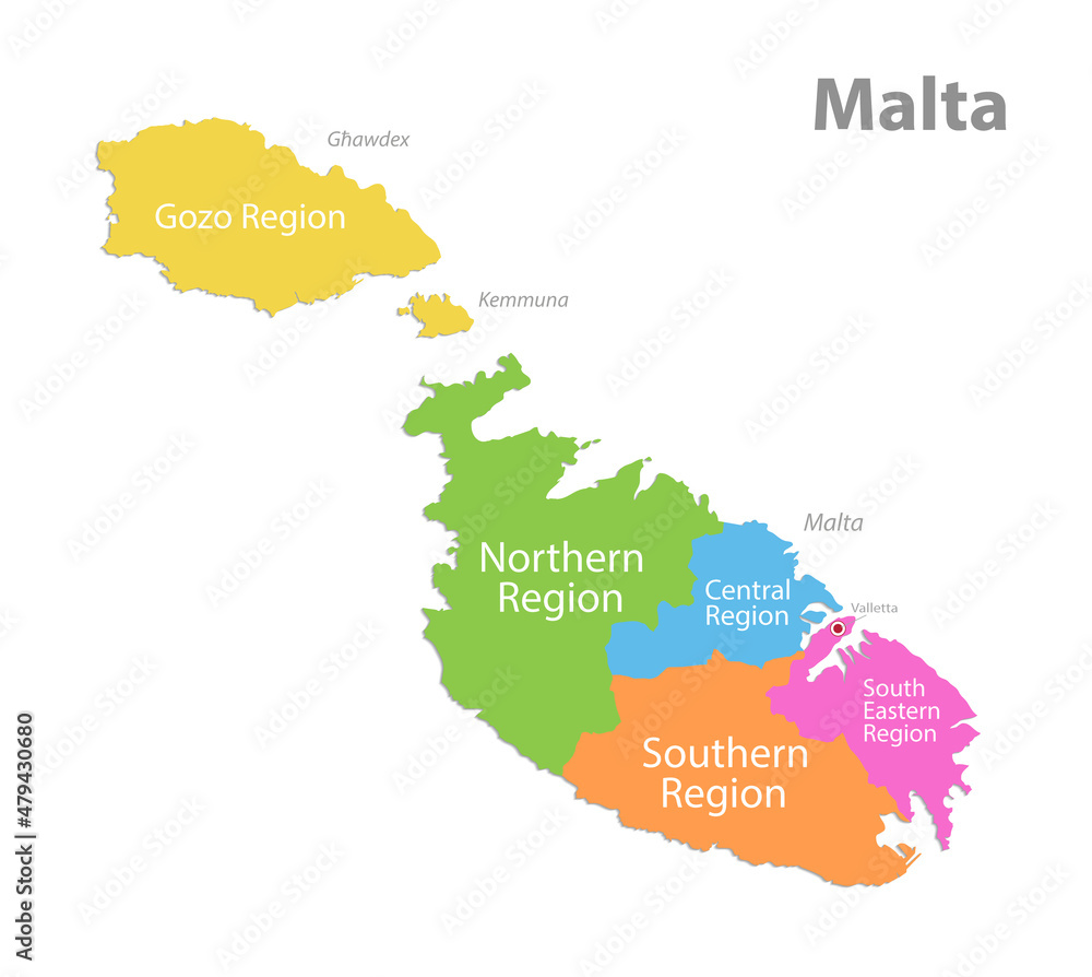 Malta regions map whit names, isolated on white background vector Stock ...