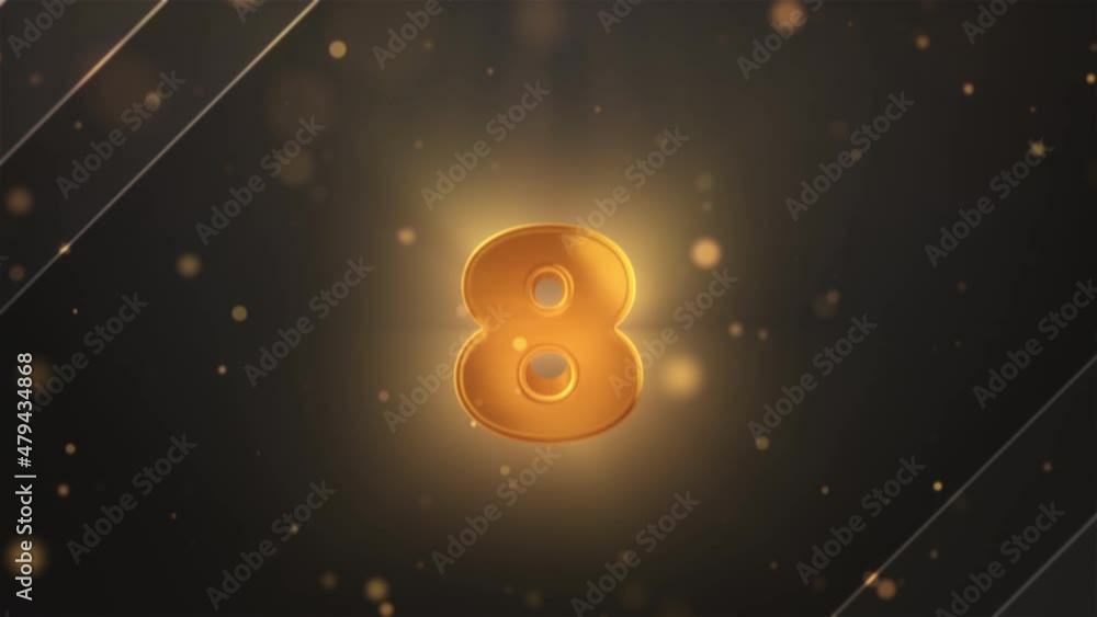 An animated 3D gold countdown with numbers from 10 to 1 with floating ...