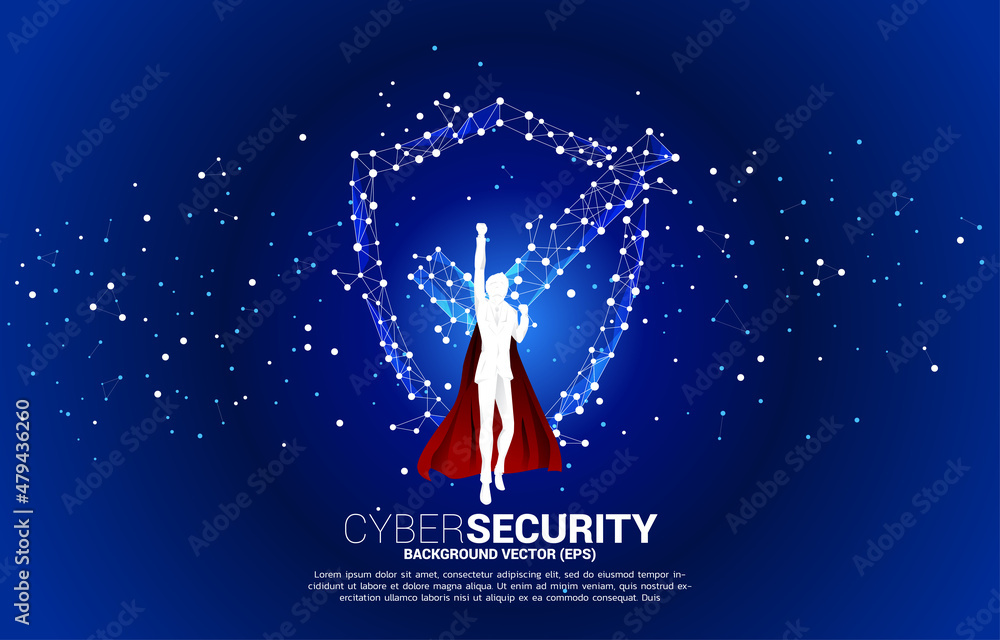 silhouette of superhero fly with Protection shield icon from dot ...