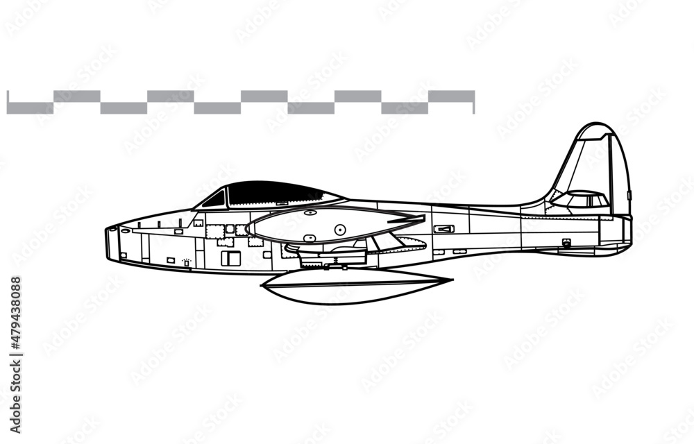 Republic F-84E Thunderjet. Vector drawing of early jet fighter-bomber ...