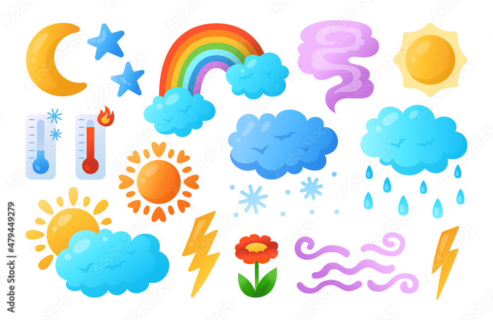 Weather cartoon gradient set. Sun and clouds, rain or snow, lightning ...