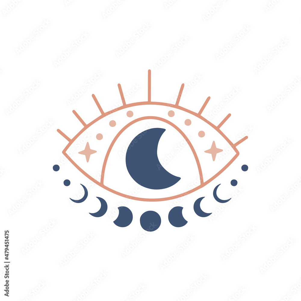 Evil eye vector flat illustration. Magic witchcraft third eye with moon ...