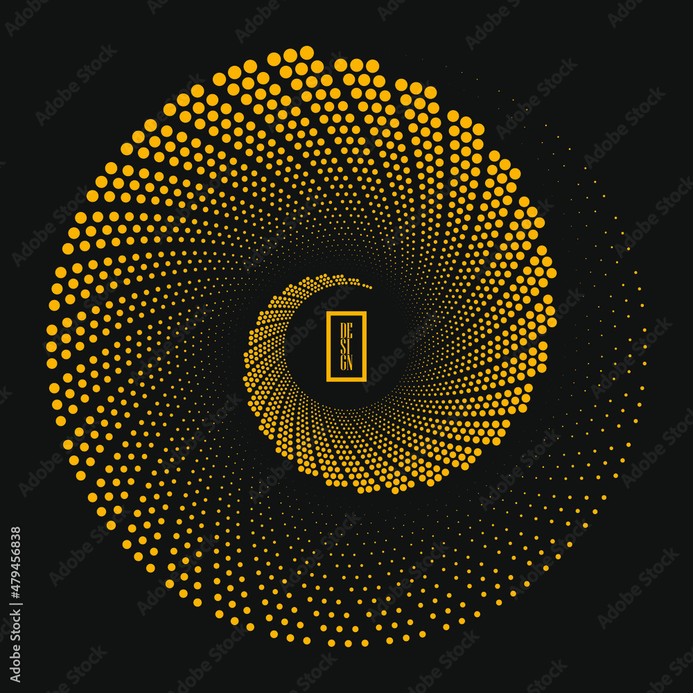 Abstract yellow spiral shape. Dark gray background. Halftone dots ...