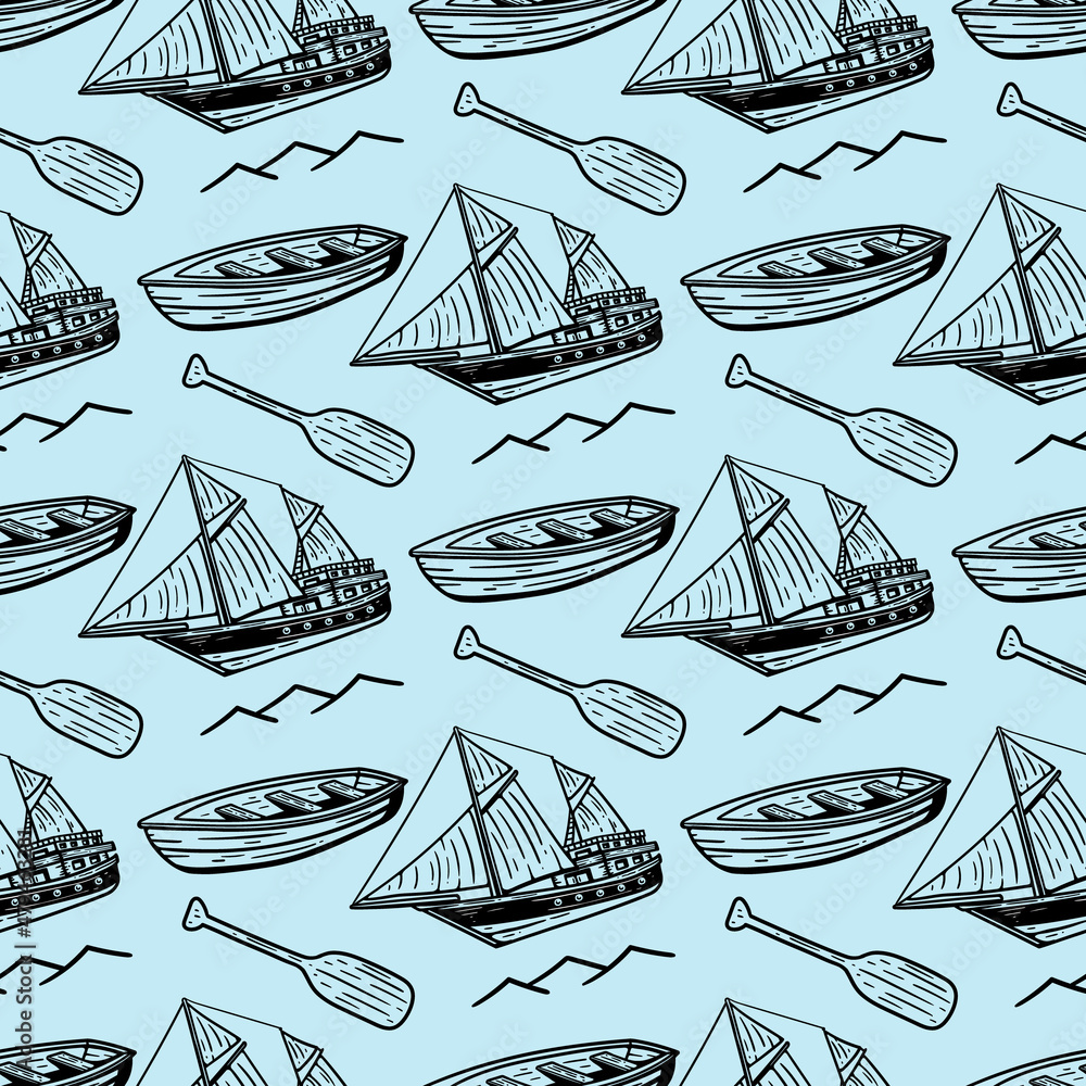 seamless pattern sailing boat, wooden boat, paddle and waves in vintage ...